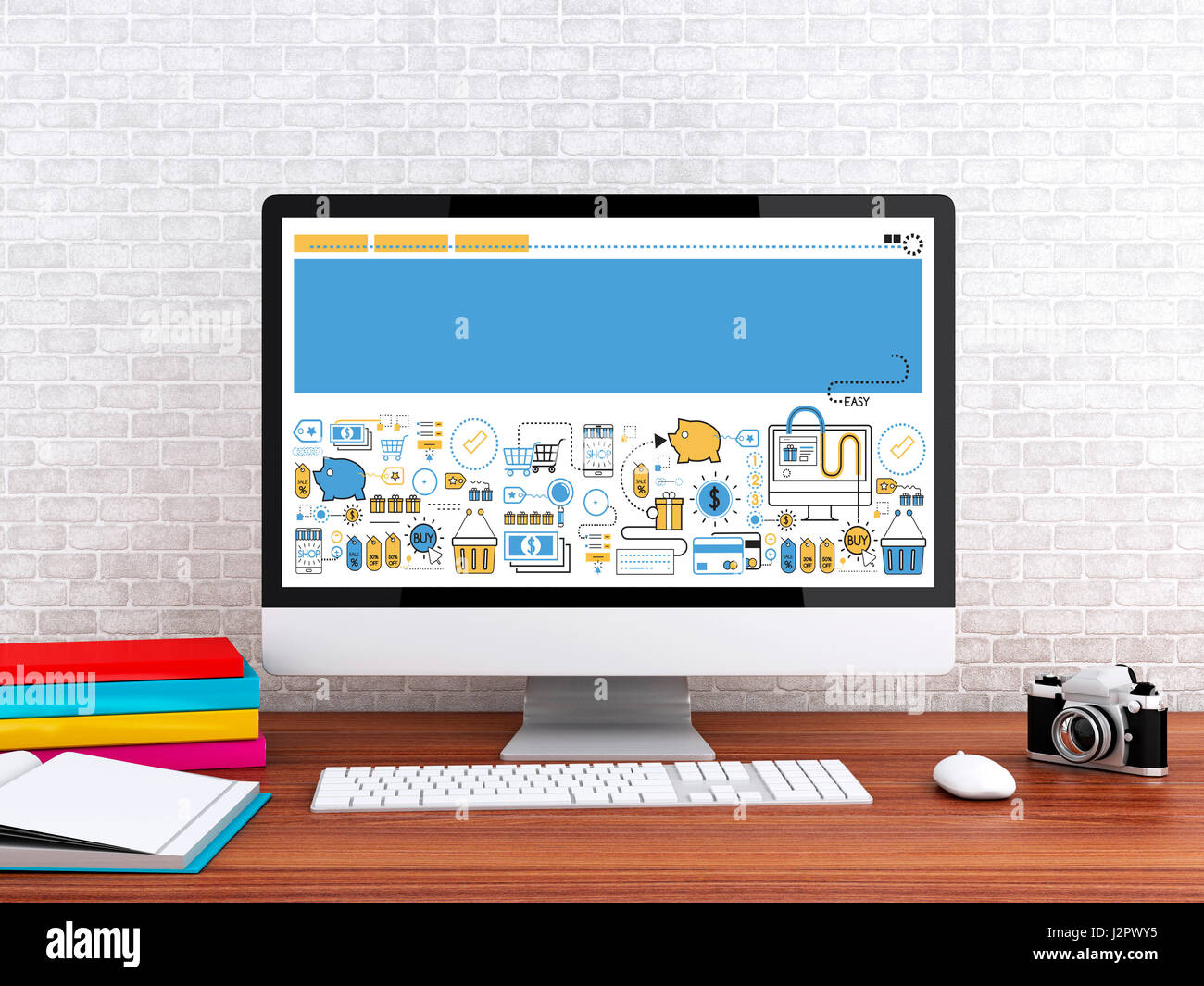 3D illustration. Modern workspace with computer. Technology and ...