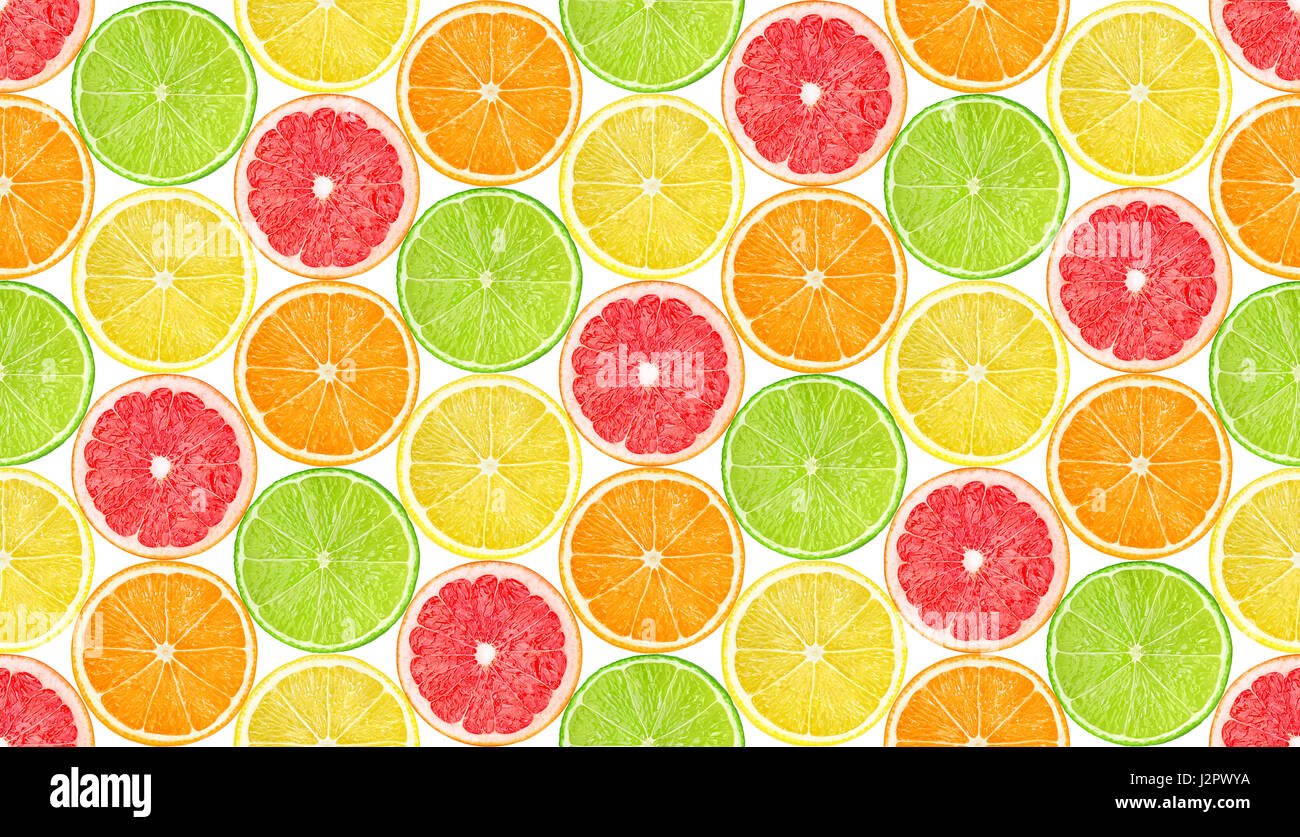 Citrus fruits pattern. Seamless background with slices of orange, lemon, grapefruit and lime ...