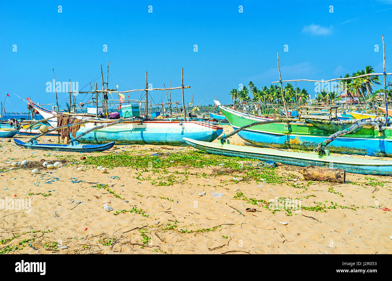 The sand shore of Indian Ocean is occupied with old colorful oruwa ...