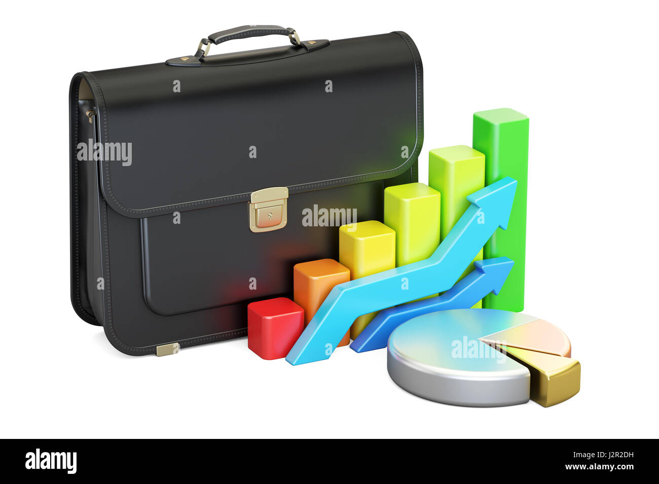 Business concept, briefcase with pie chart and diagram. 3D rendering ...