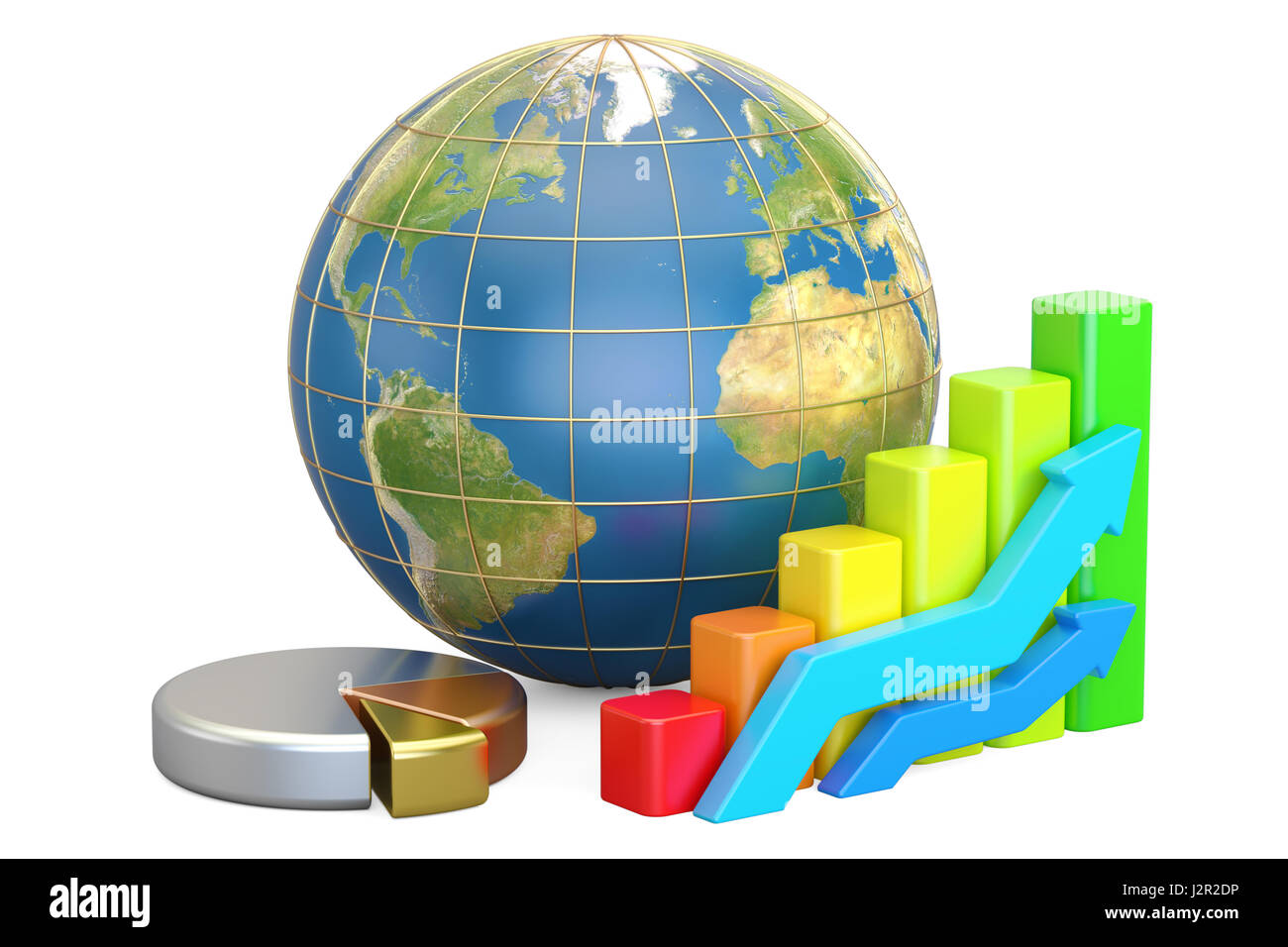 Earth Globe with growing bar graphs and pie chart. 3D rendering ...