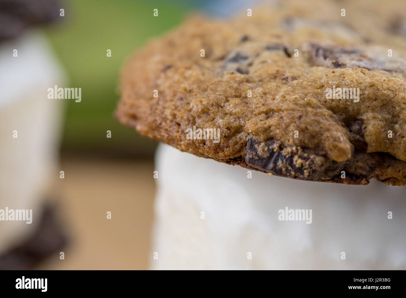 Close up of chocolate chip cookie ice cream sandwich with selective ...