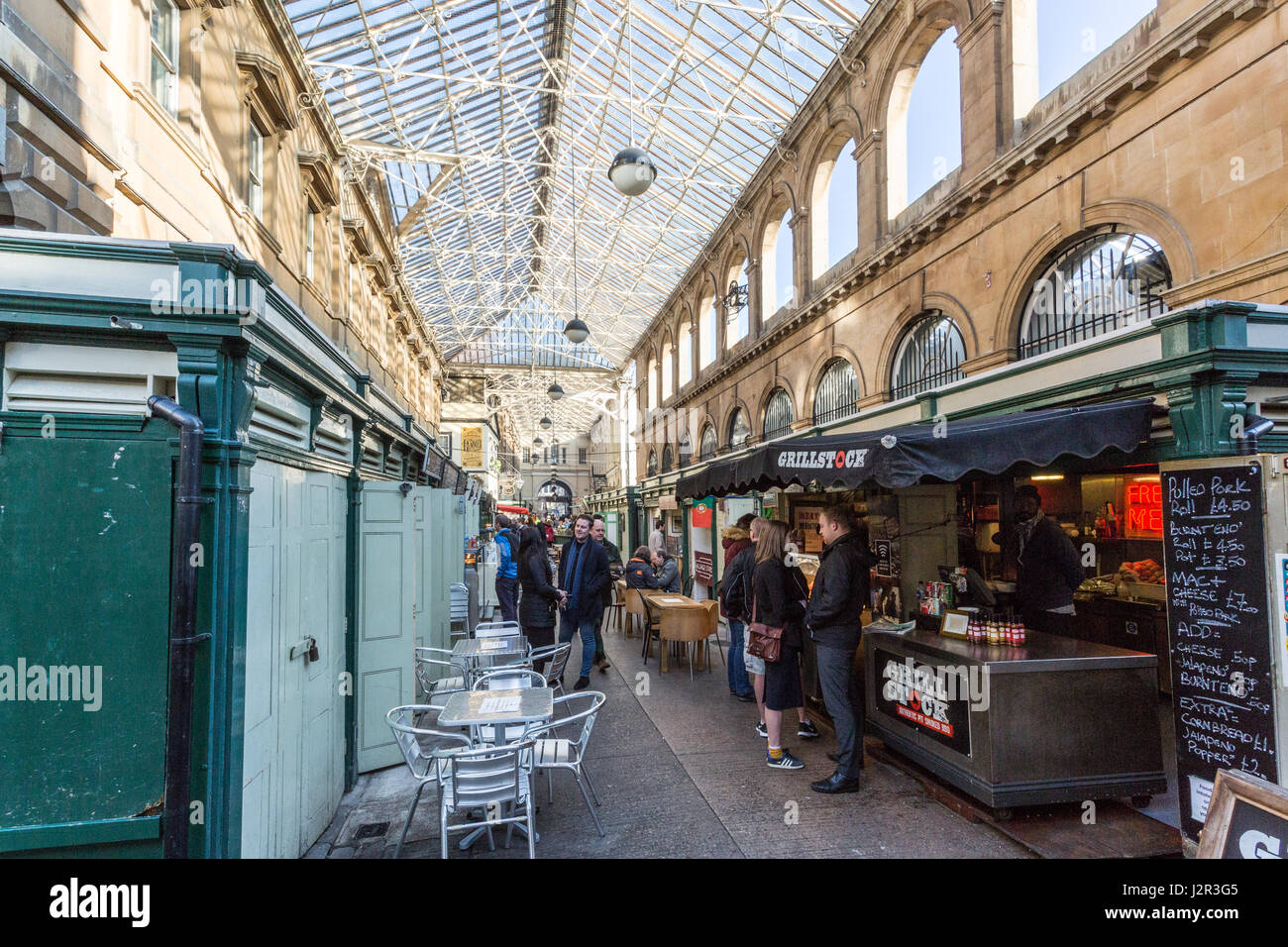 Food stalls at the Glass Arcade, St Nicks Market, Bristol,, UK Stock ...