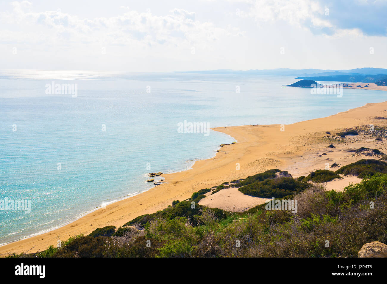 top view of Turtle beach Karpaz, North Cyprus. Golden sand beach and ...