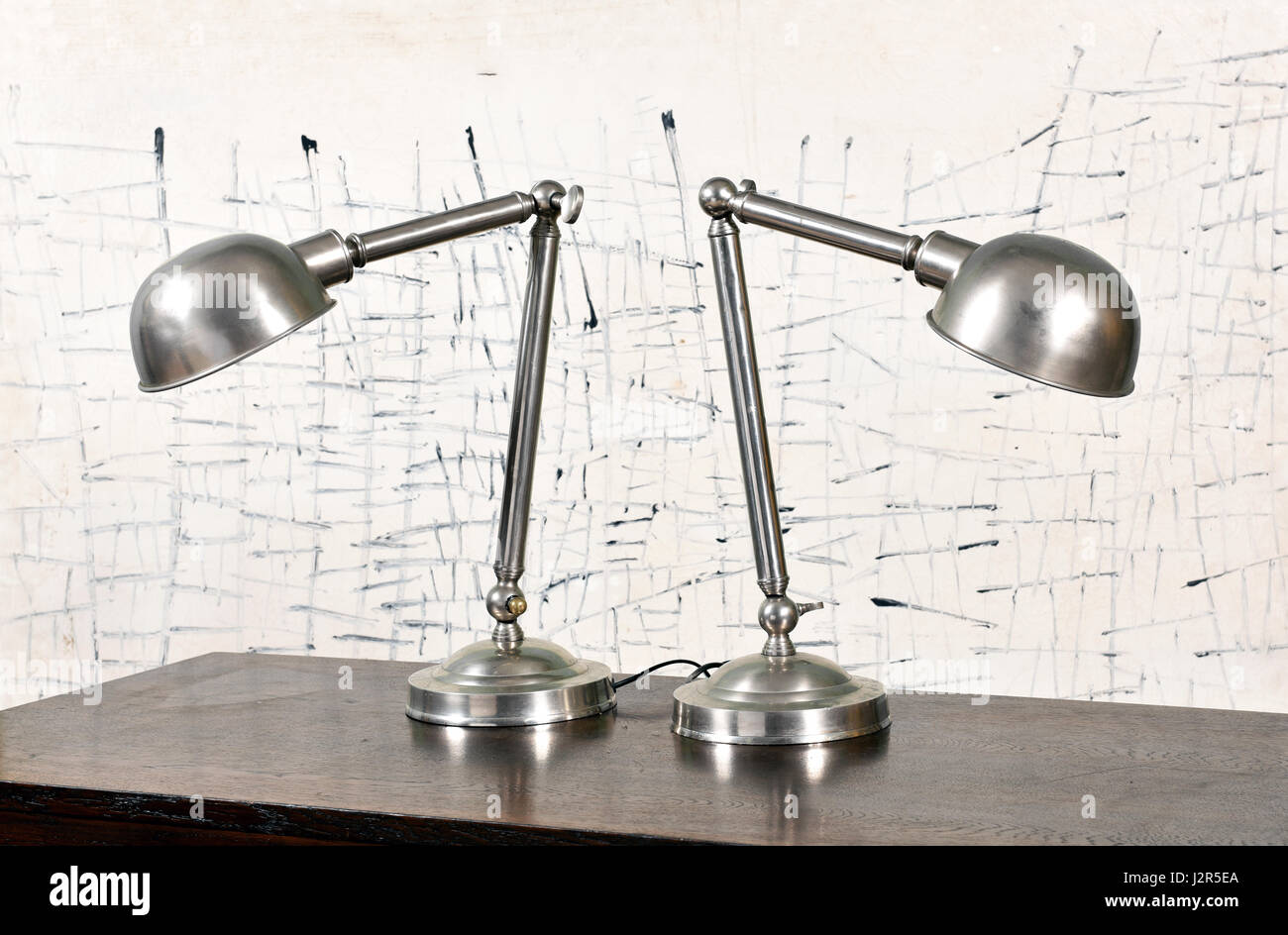 Two vintage iron electric lamps with domed shades and adjustable ...