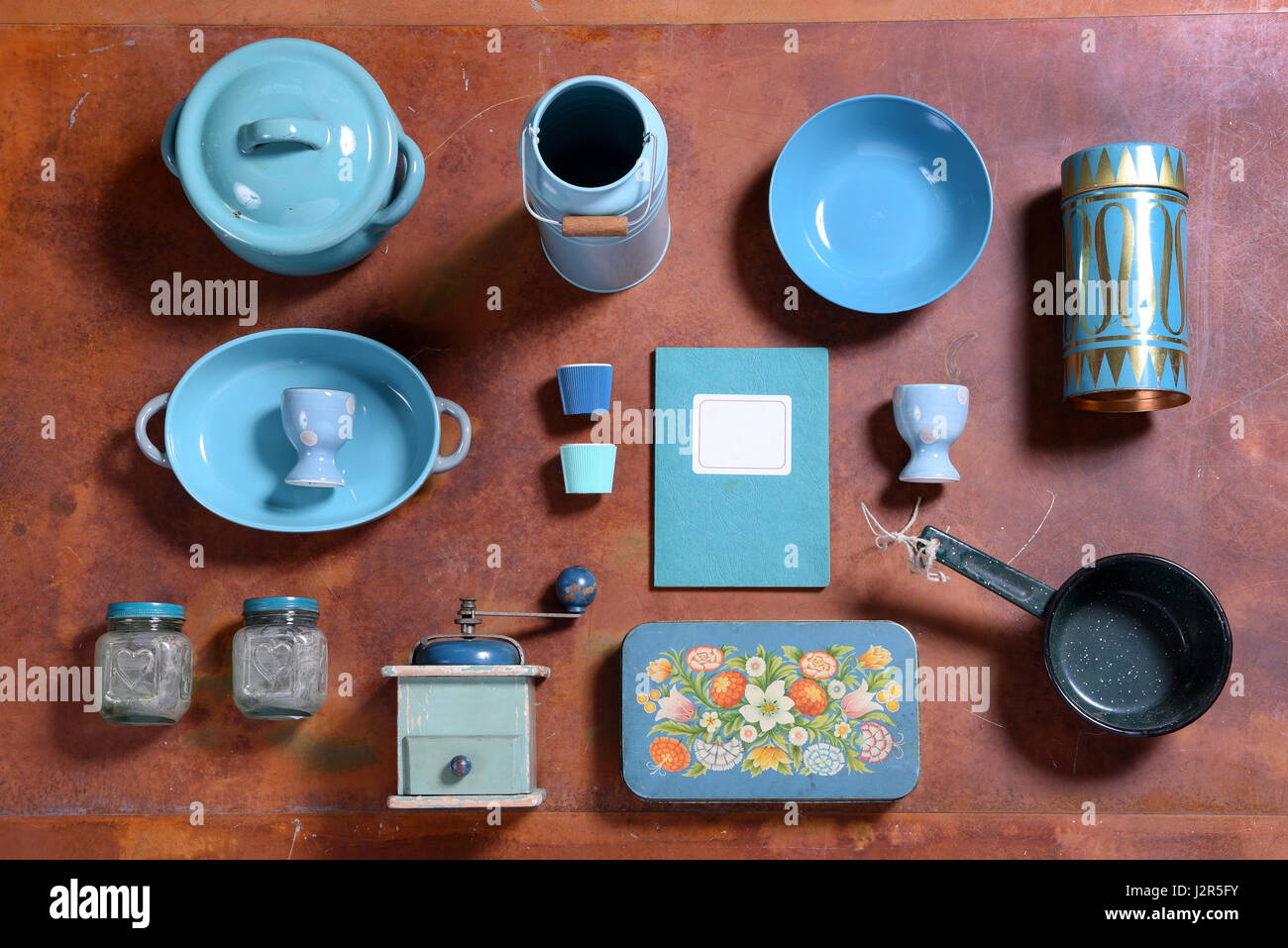 Turquoise vintage kitchen tools aerial view Stock Photo - Alamy