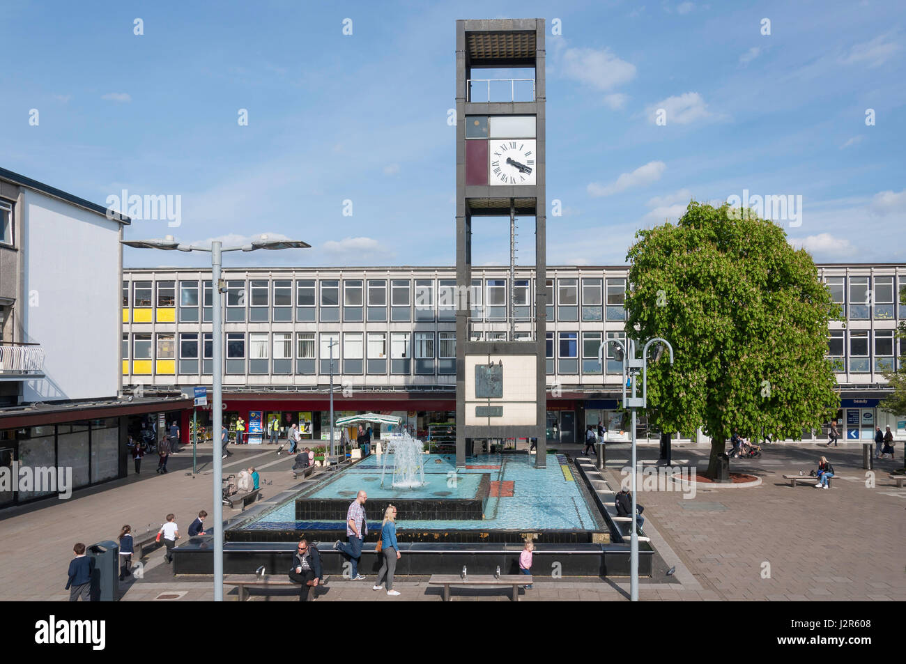 Clock tower and fountain in Town Square, Stevenage, Hertfordshire ...