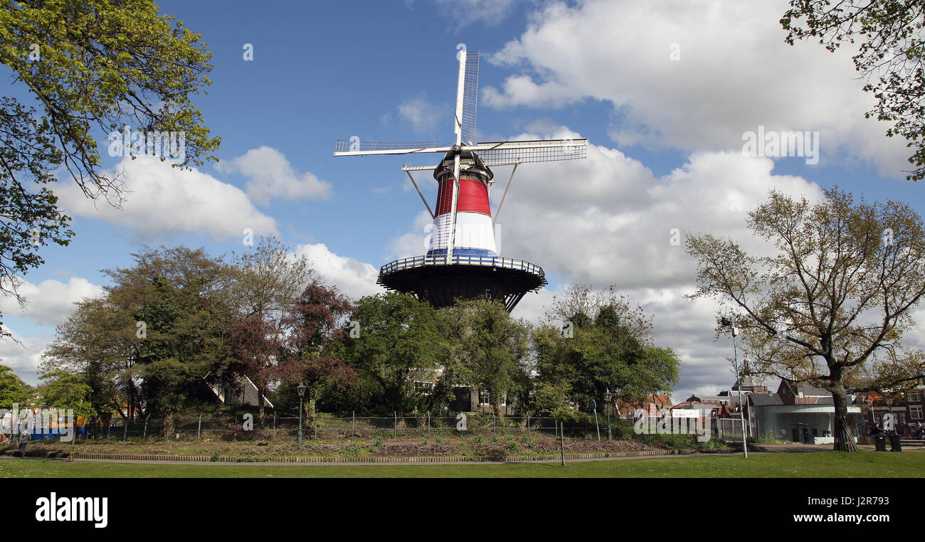 Windmill De Valk The Falcon with Dutch flag Leiden Nethelands Stock ...