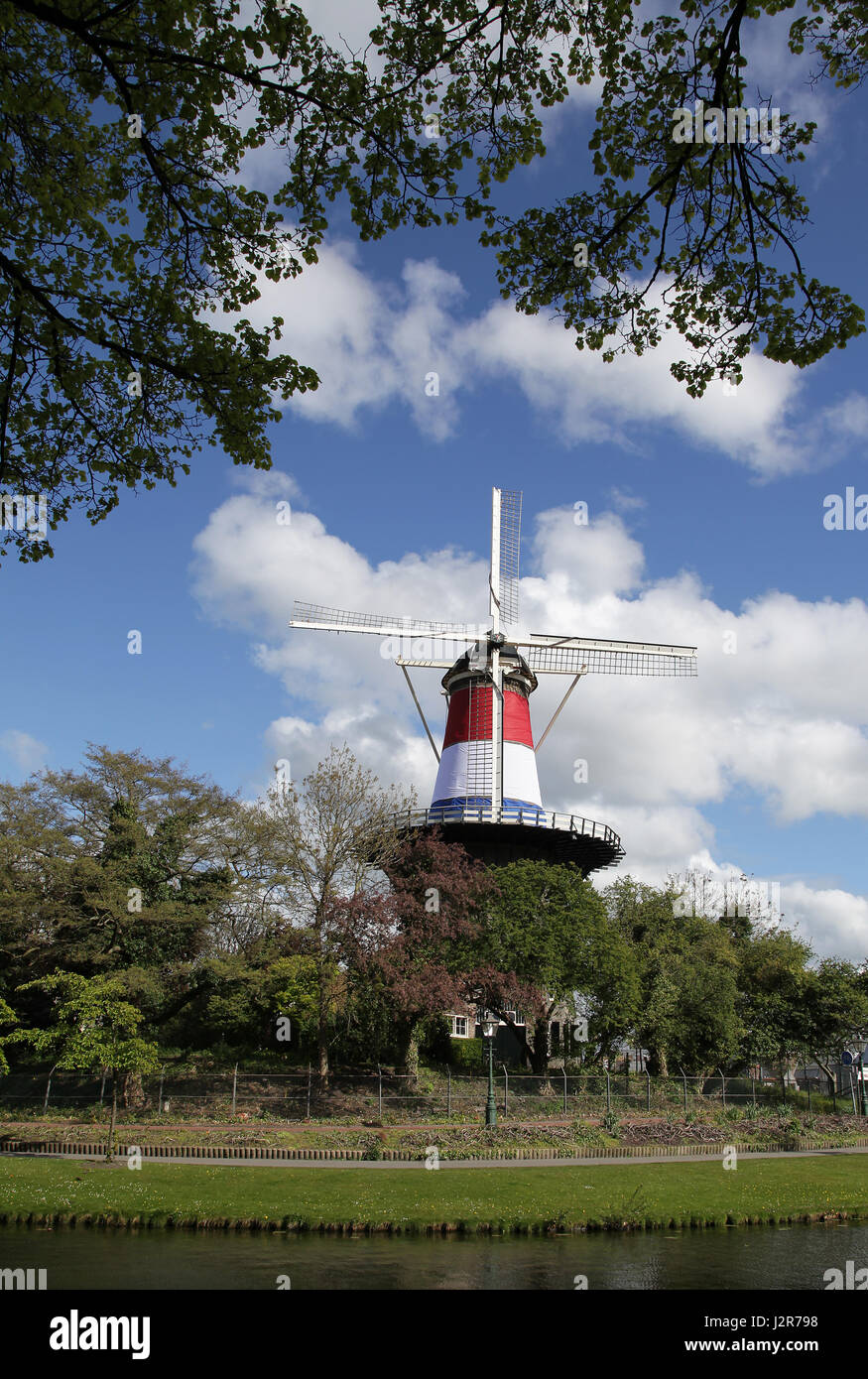 Windmill De Valk The Falcon with Dutch flag Leiden Nethelands Stock ...