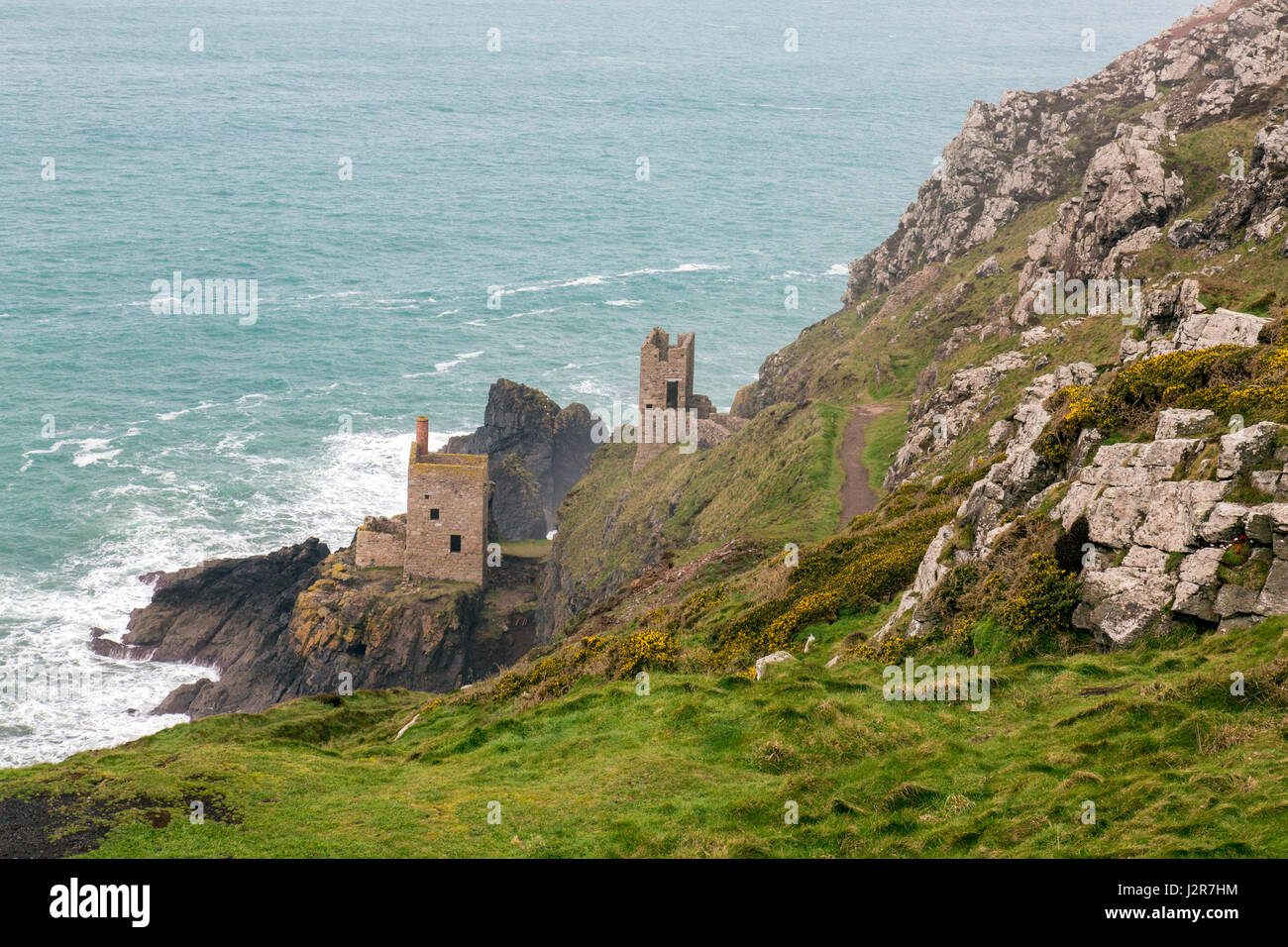The preserved ruins of the Crowns tin mine winding house at Botallack ...