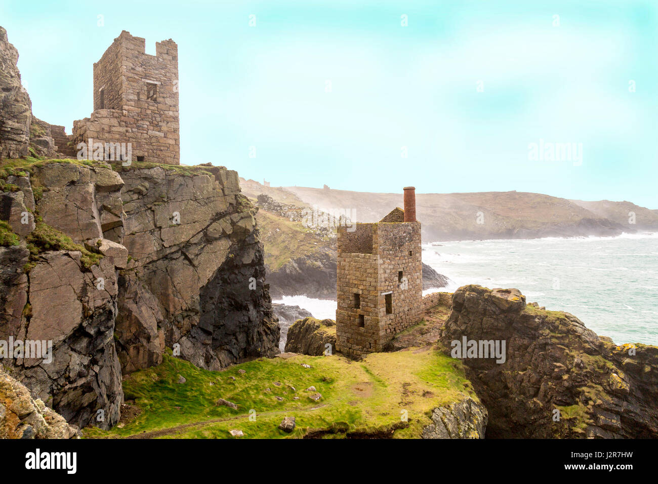 The preserved ruins of the Crowns tin mine winding house at Botallack ...
