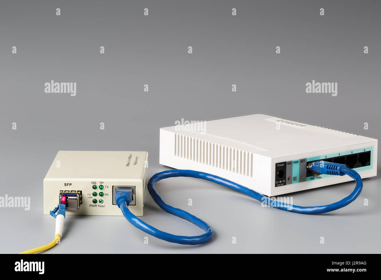 Media converter with optical patchcord and router connected via copper ...