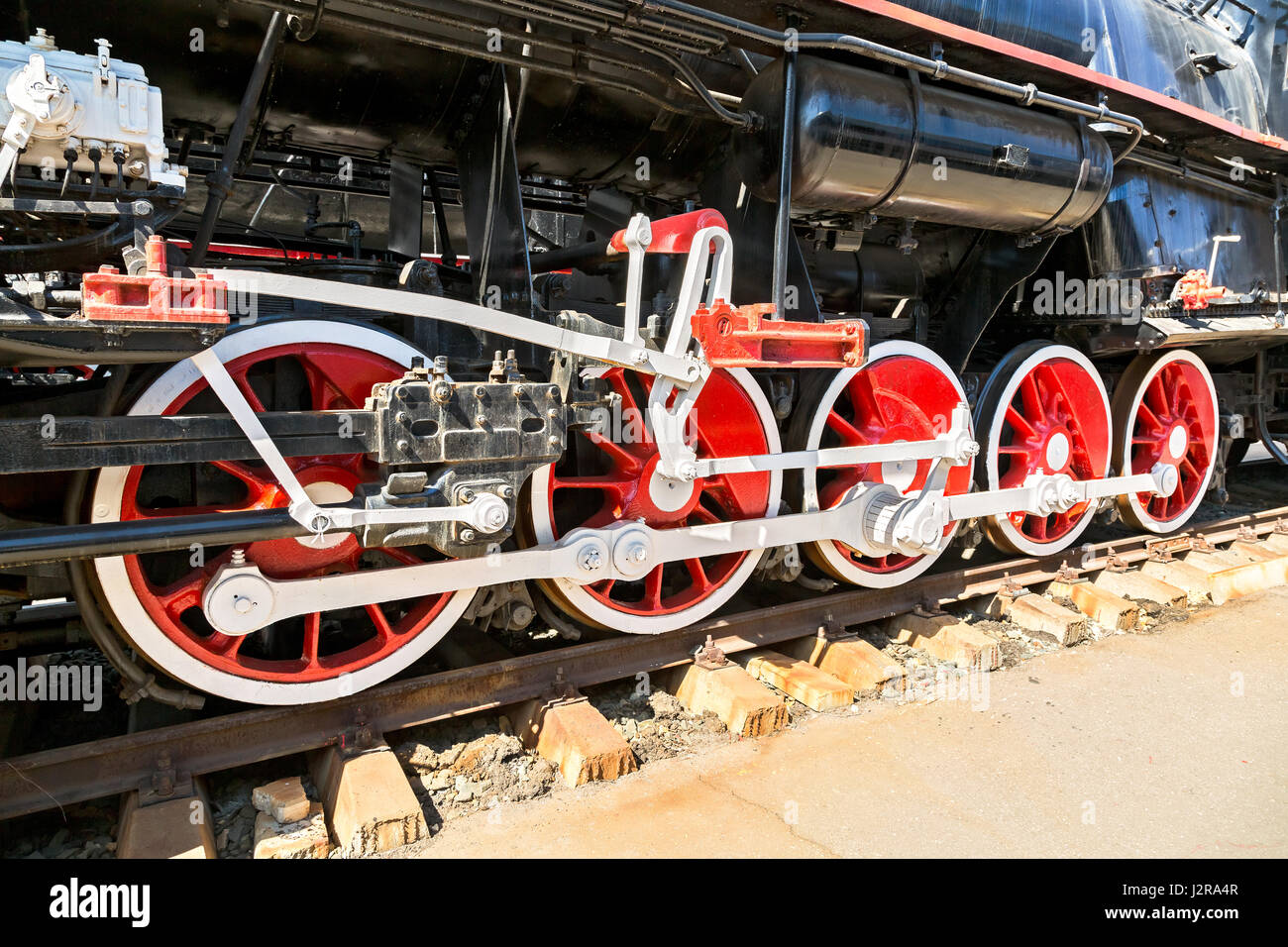 Vintage steam locomotive engine wheels and rods details Stock Photo - Alamy