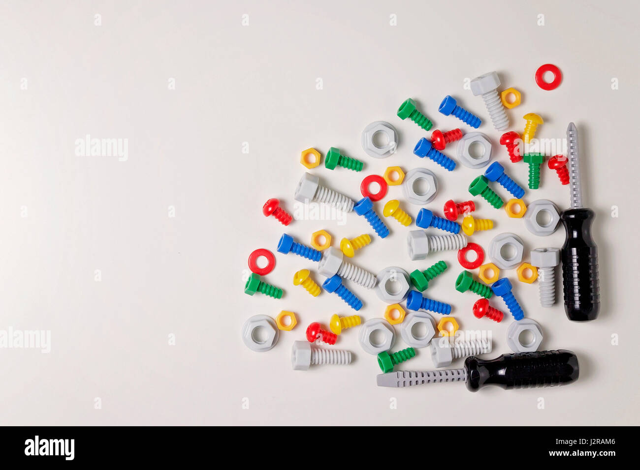 Toys background. Kids construction tools frame on white background. Top ...