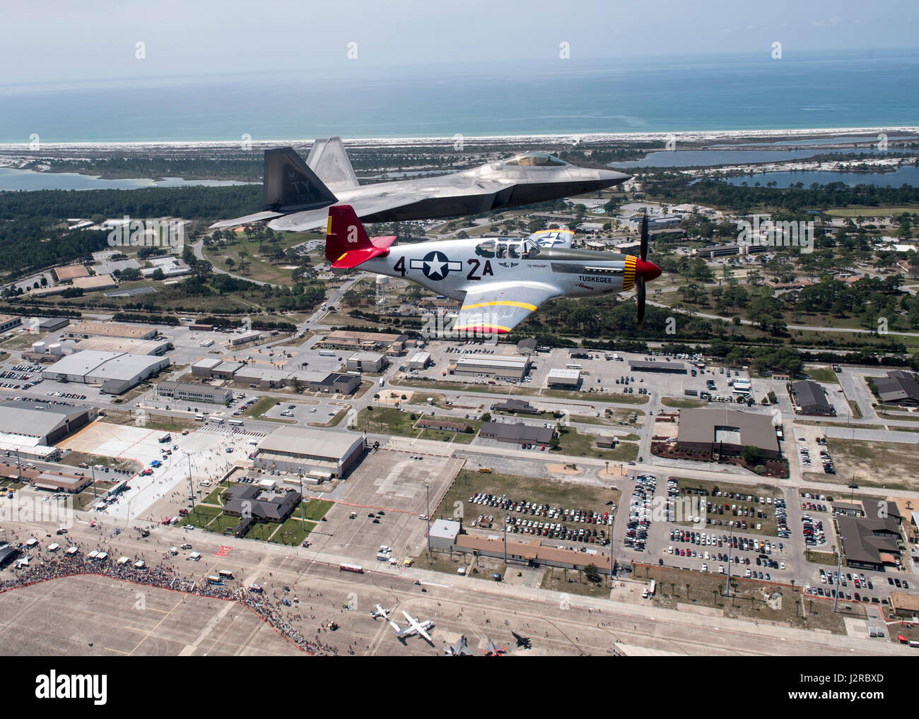 An F-22 Raptor assigned to the 43rd Fighter Squadron flies in formation ...