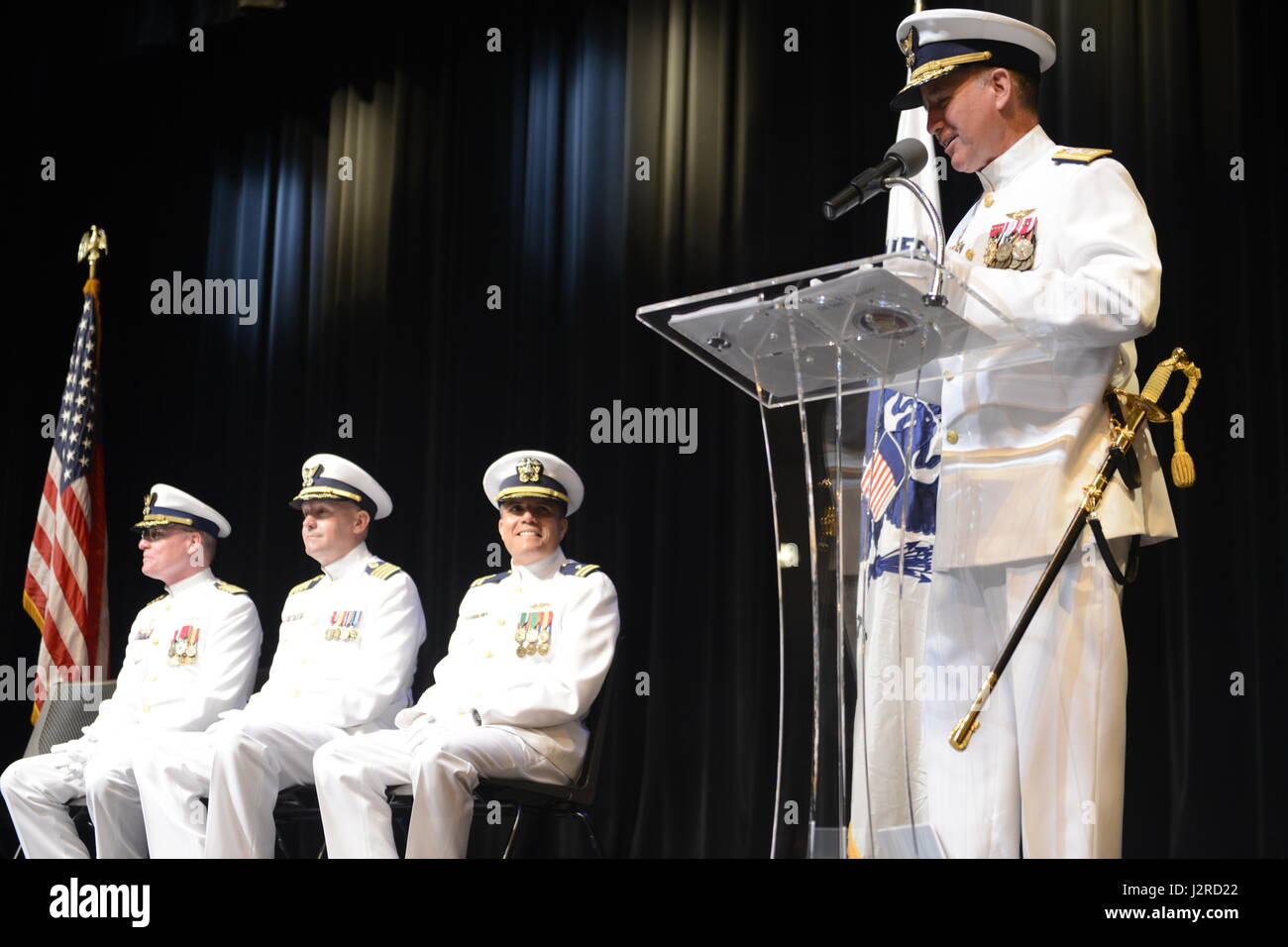 Rear Adm. Dave Callahan delivers a speech during a change-of-command ...