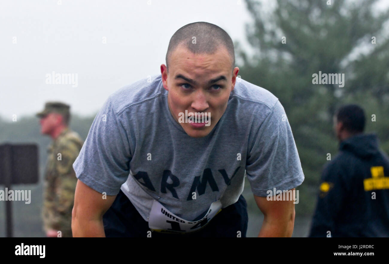 A U.S. Army Reserve soldier completes the two-mile run during the Army ...