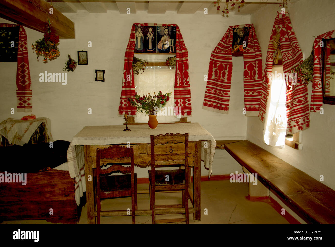 Interior of old ukrainian home in rural life Pirogovo, Kiev, Ukraine ...