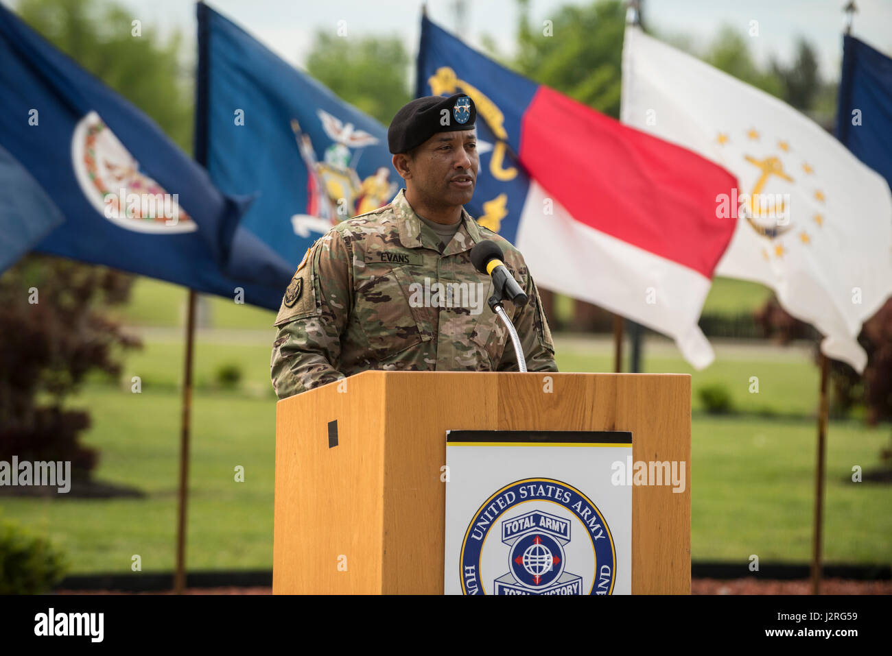 Maj. Gen. Jason T. Evans speaks as he takes command of command of U.S ...