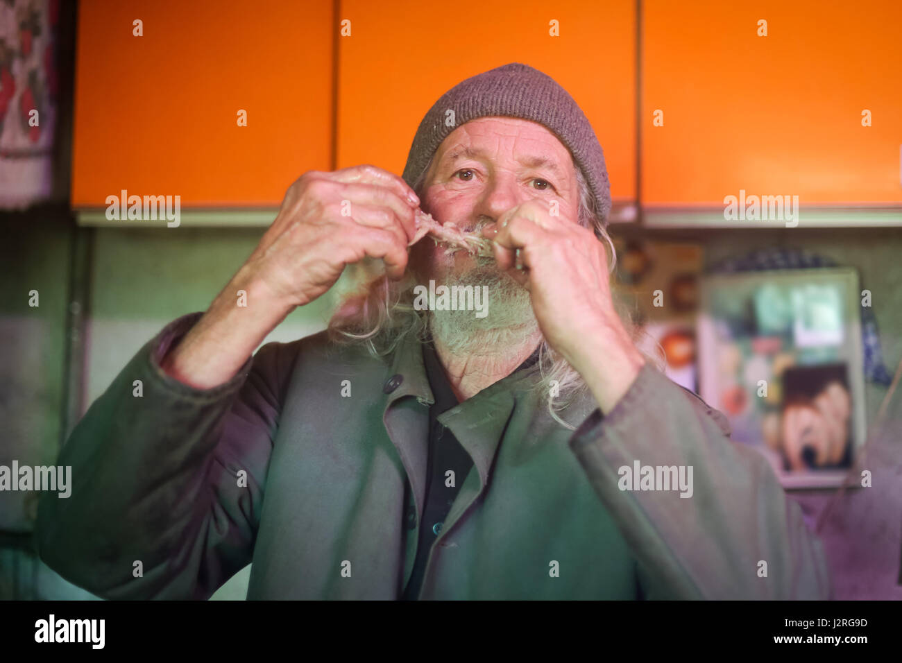 A front view of an old man gnawing on a pork bone and looking at camera ...