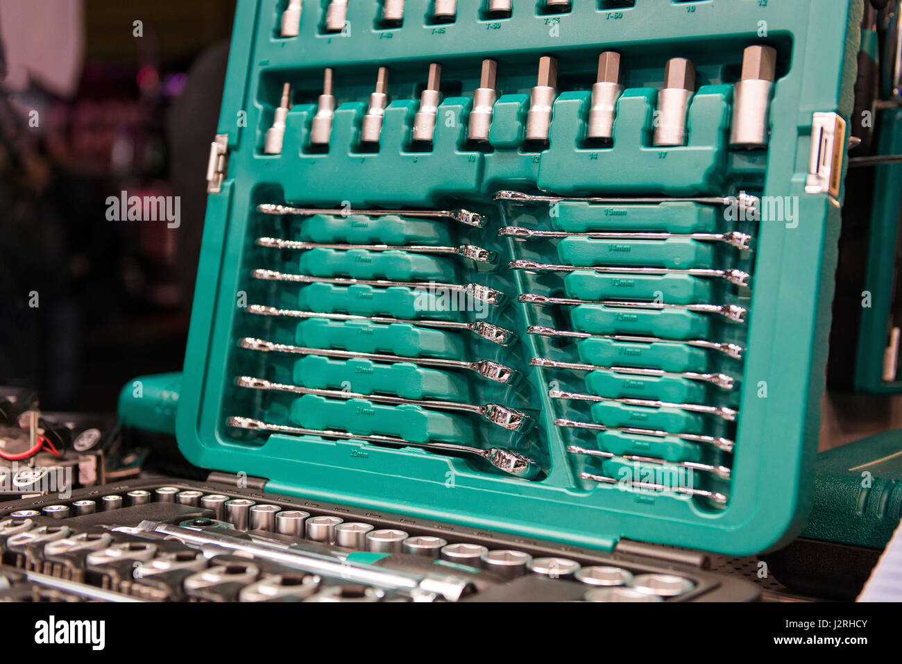 Open green box with mechanic tool kit Stock Photo - Alamy