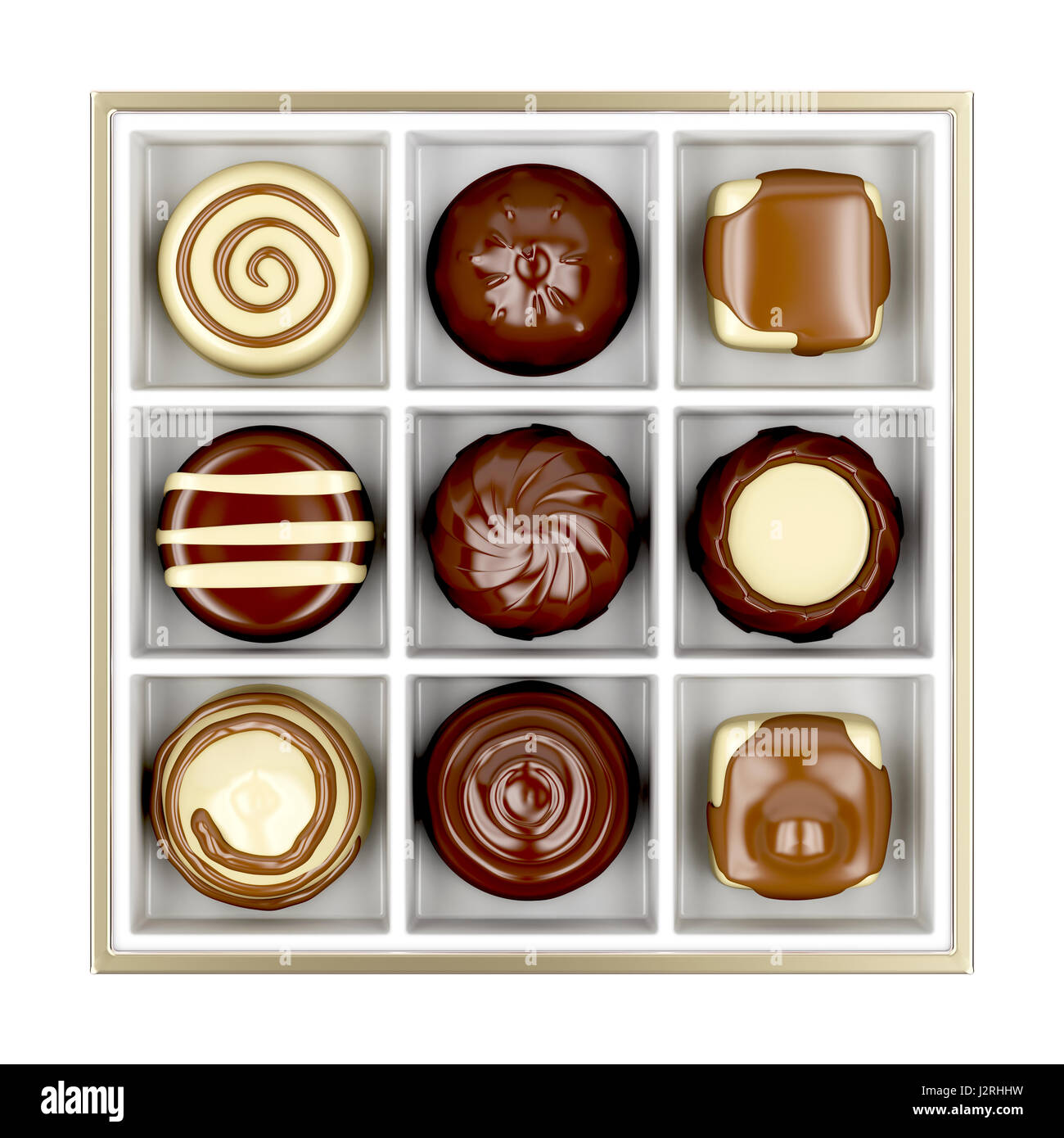 Top view of box with chocolate candies, isolated on white background ...