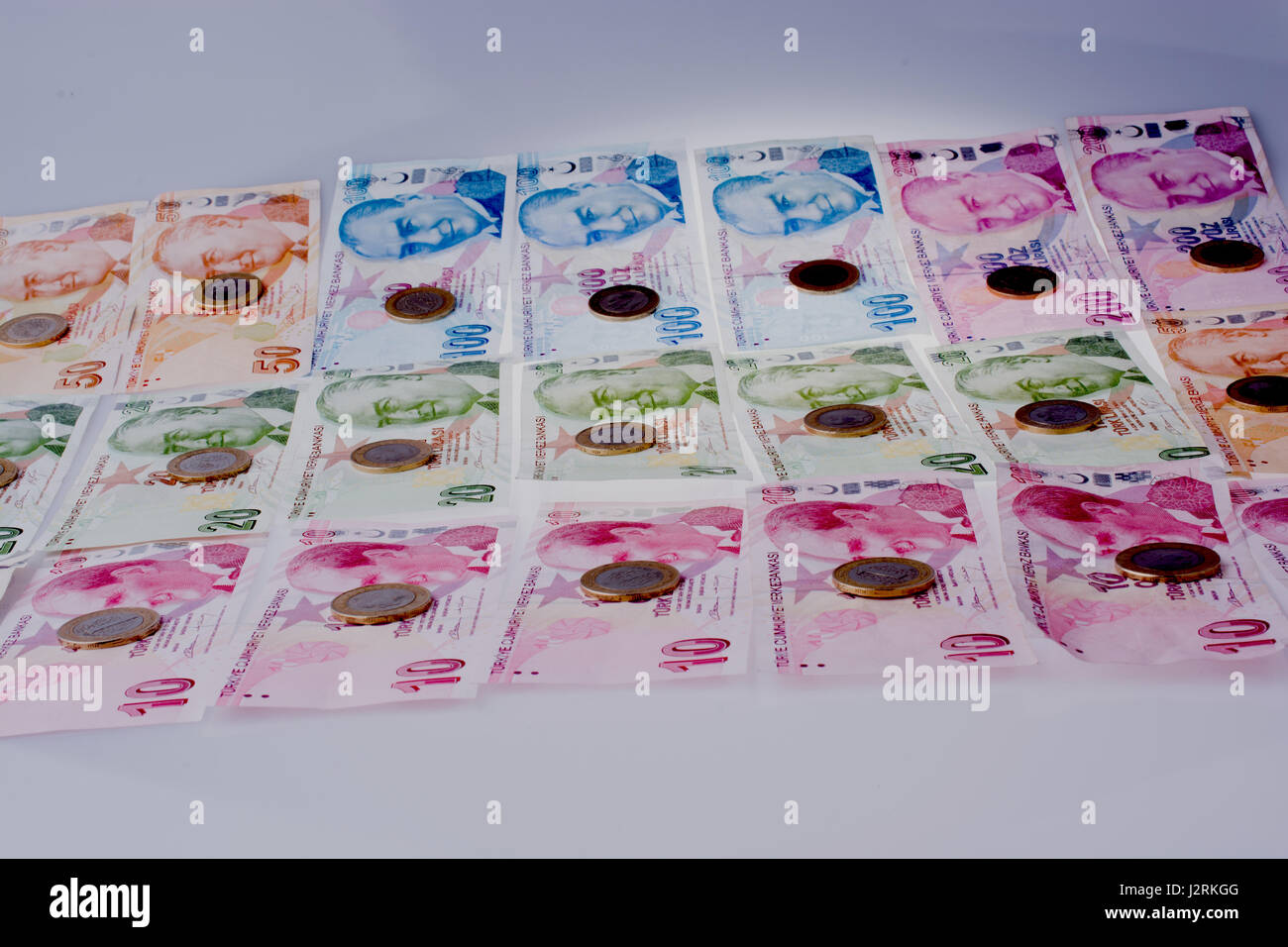 Coins on the Turksh Lira banknotes of various color, pattern and value ...