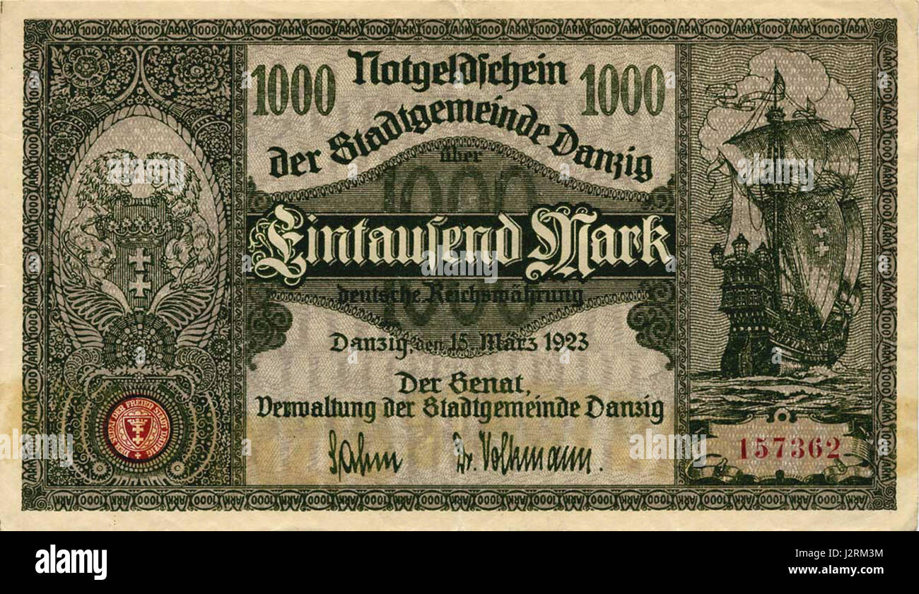 This is an image of a 1000 mark note from Danzig, issued in 1923 ...