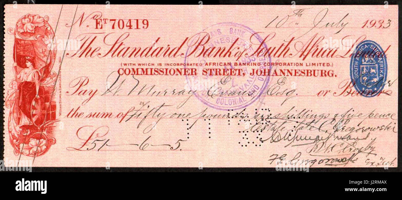 1933 Standard Bank of South Africa cheque with impressed duty stamp ...