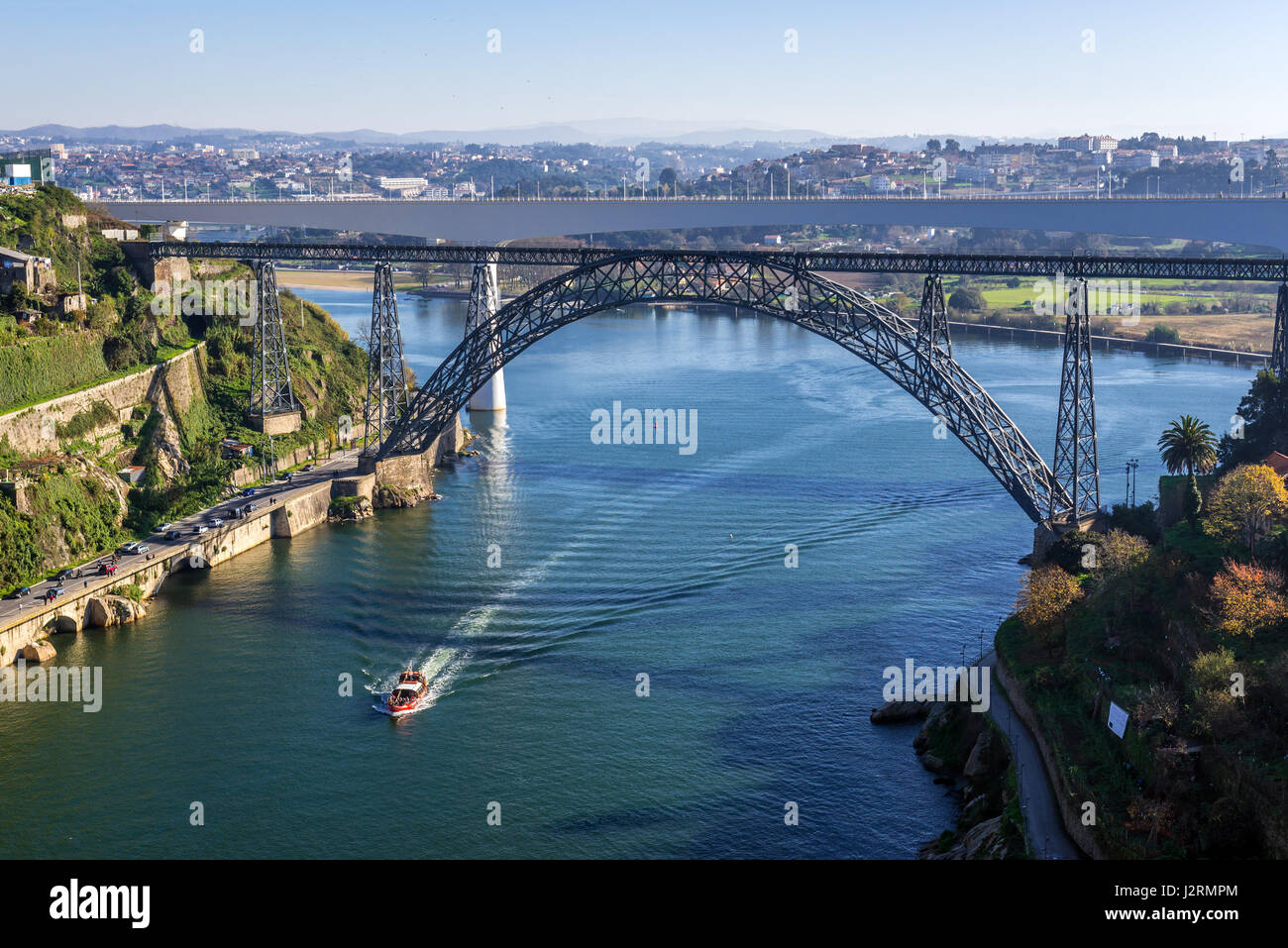 View from Infante D. Henrique Bridge on a Maria Pia Bridge old railway ...