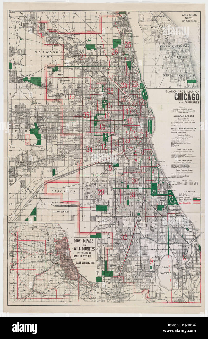 1910 Blanchard's map of Chicago and Suburbs Stock Photo - Alamy