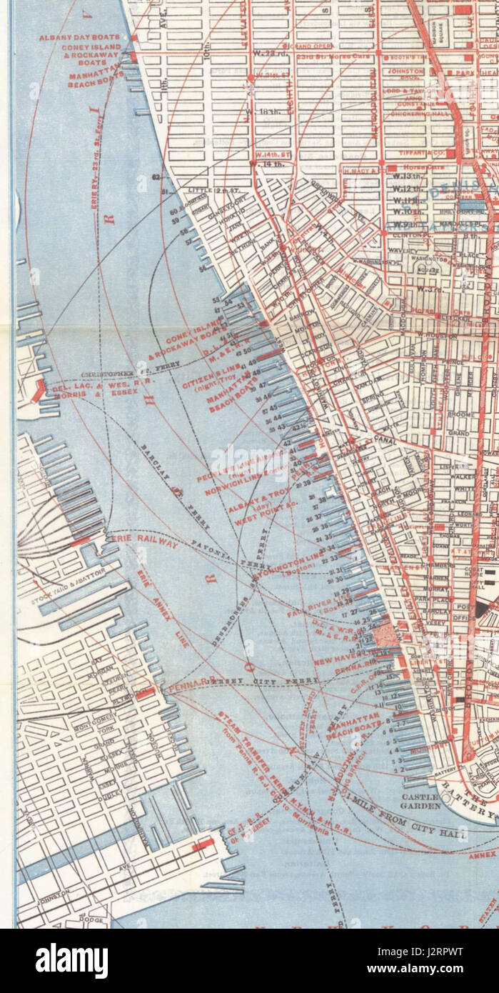 The 1879 Lower Manhattan Ferries Map showcases the ferry routes and ...