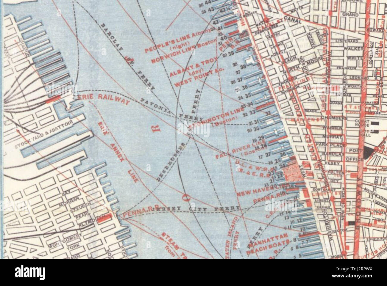 The 1879 map of Lower Manhattan shows the locations of ferries operated ...