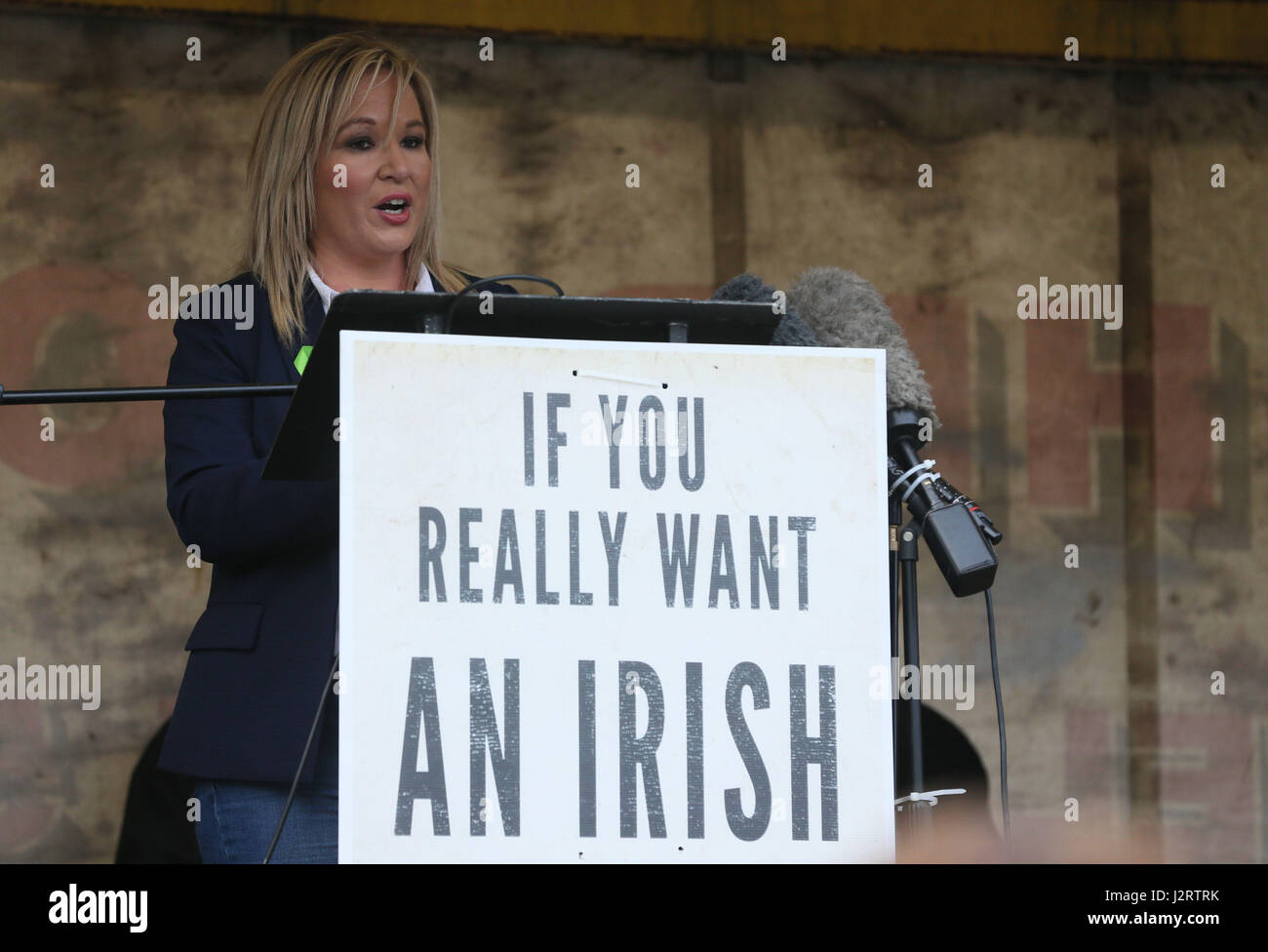Sinn Fein leader for Northern Ireland Michelle O'Neill addresses a ...