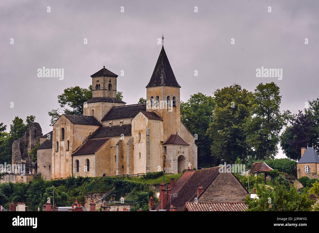 Medieval church and stone buildings in a small town in France Stock ...