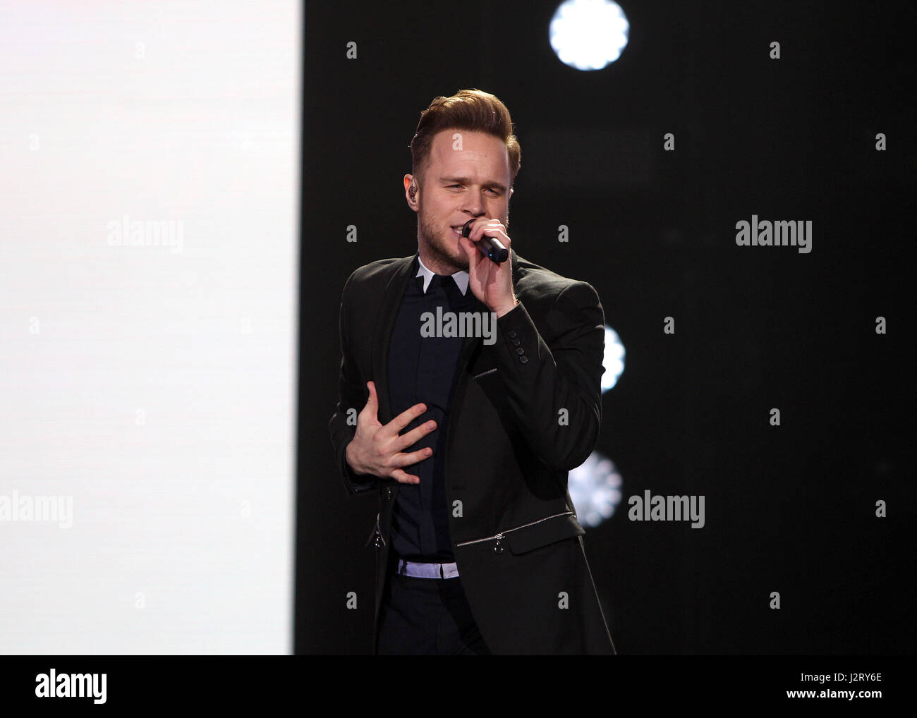 Olly Murs performs on stage during his first night at the O2 Arena in London, England on ...