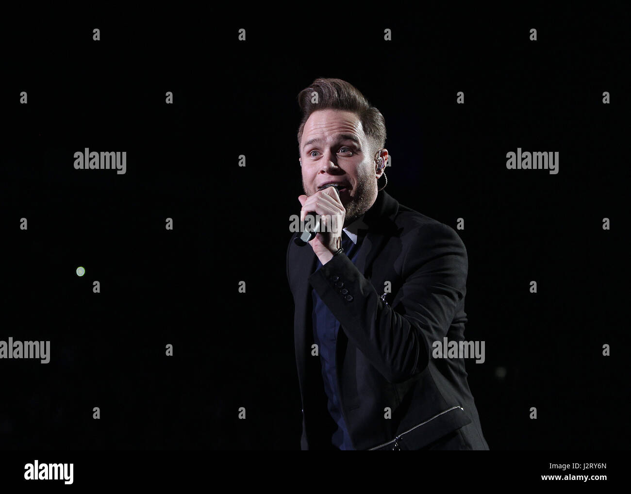 Olly Murs performs on stage during his first night at the O2 Arena in London, England on ...