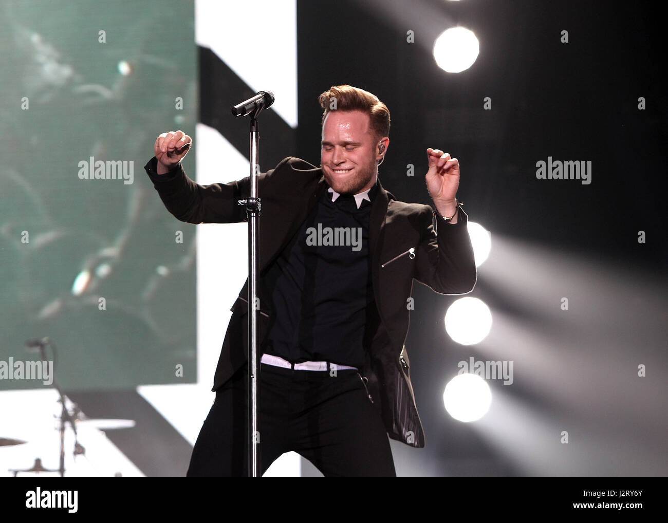 Olly Murs performs on stage during his first night at the O2 Arena in London, England on ...