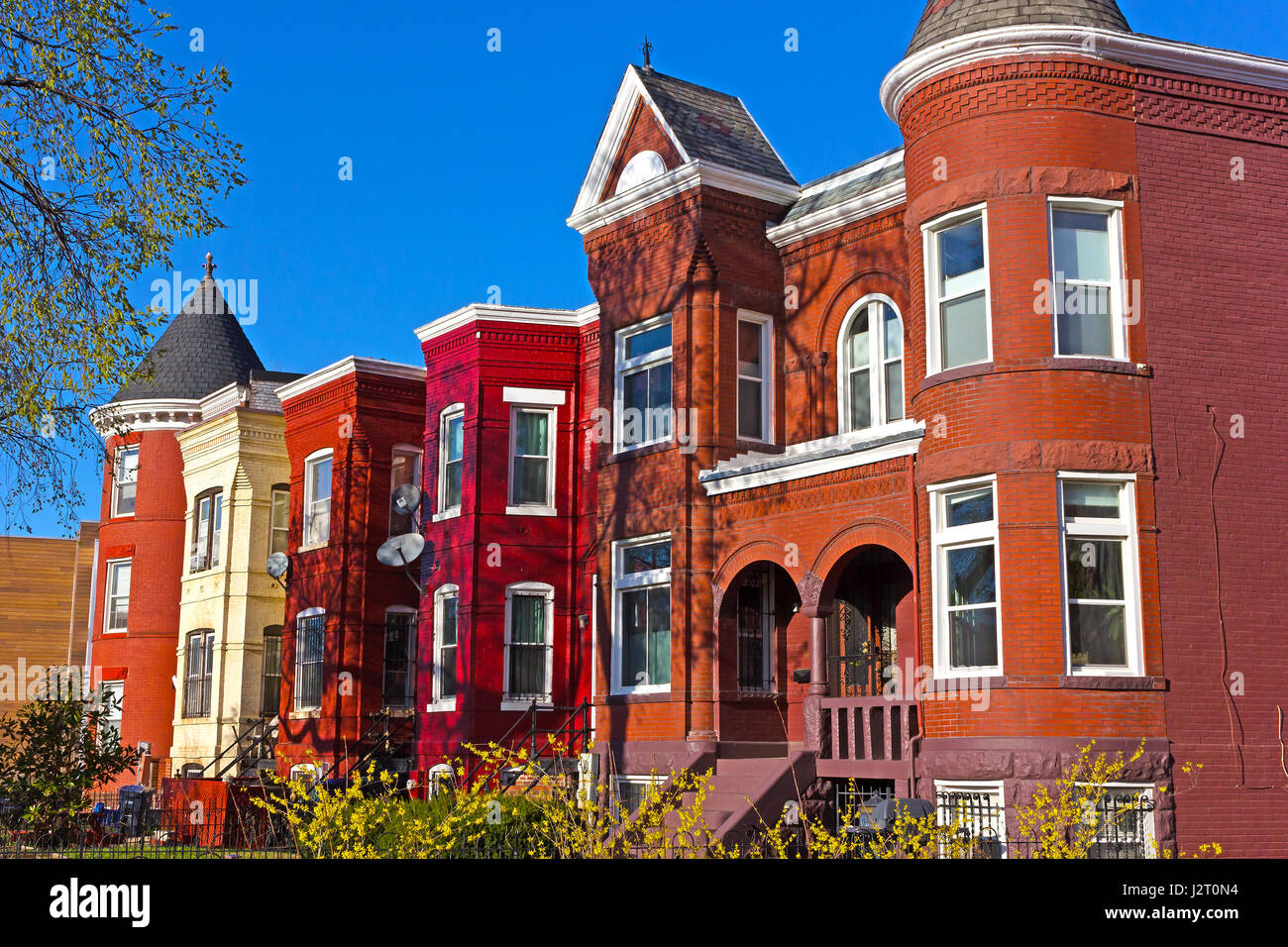 Residential townhouses of suburban Washington DC in spring. Colorful ...