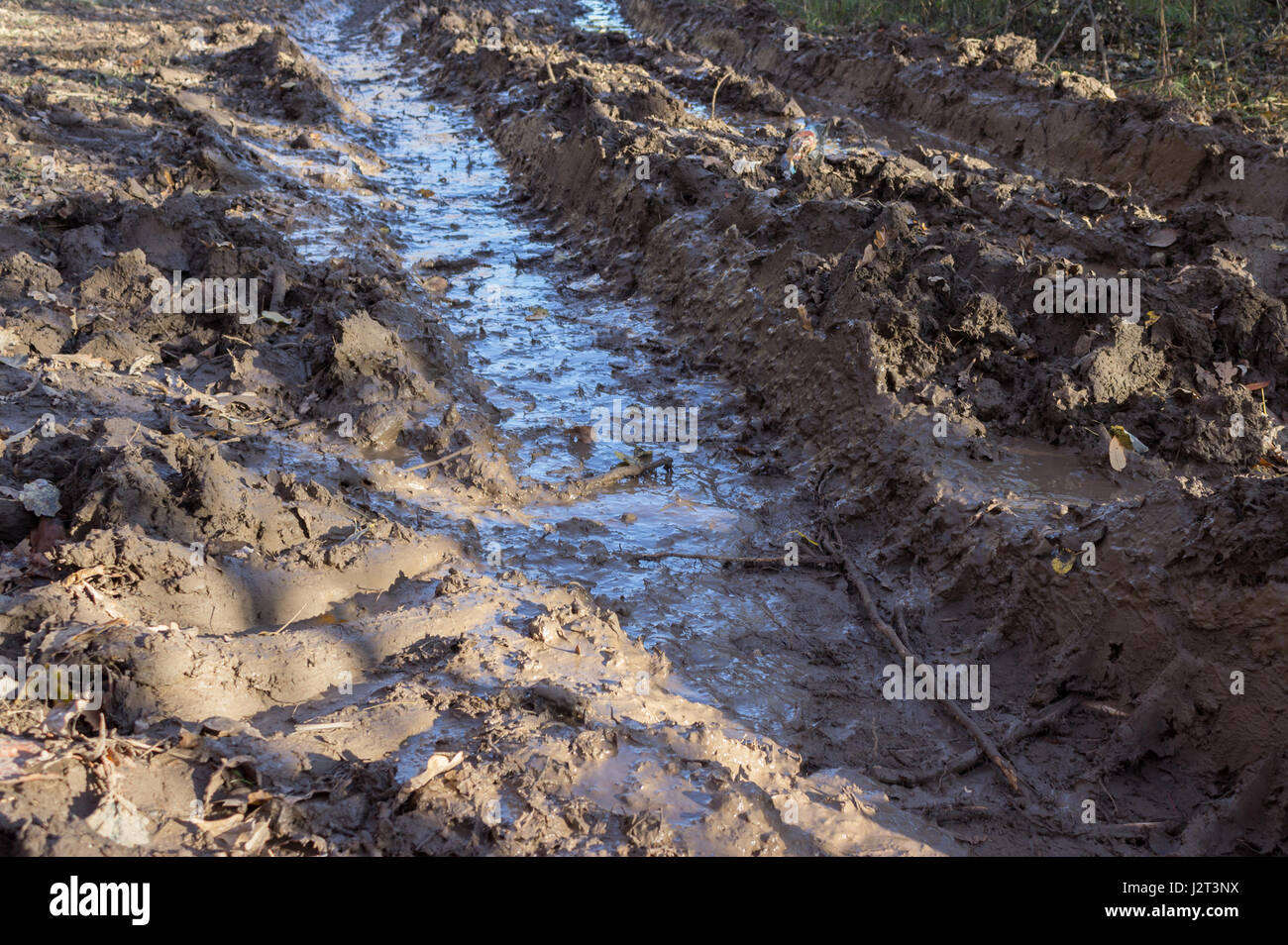 Messy rural dirt road after rain with deep tire tracks Stock Photo - Alamy