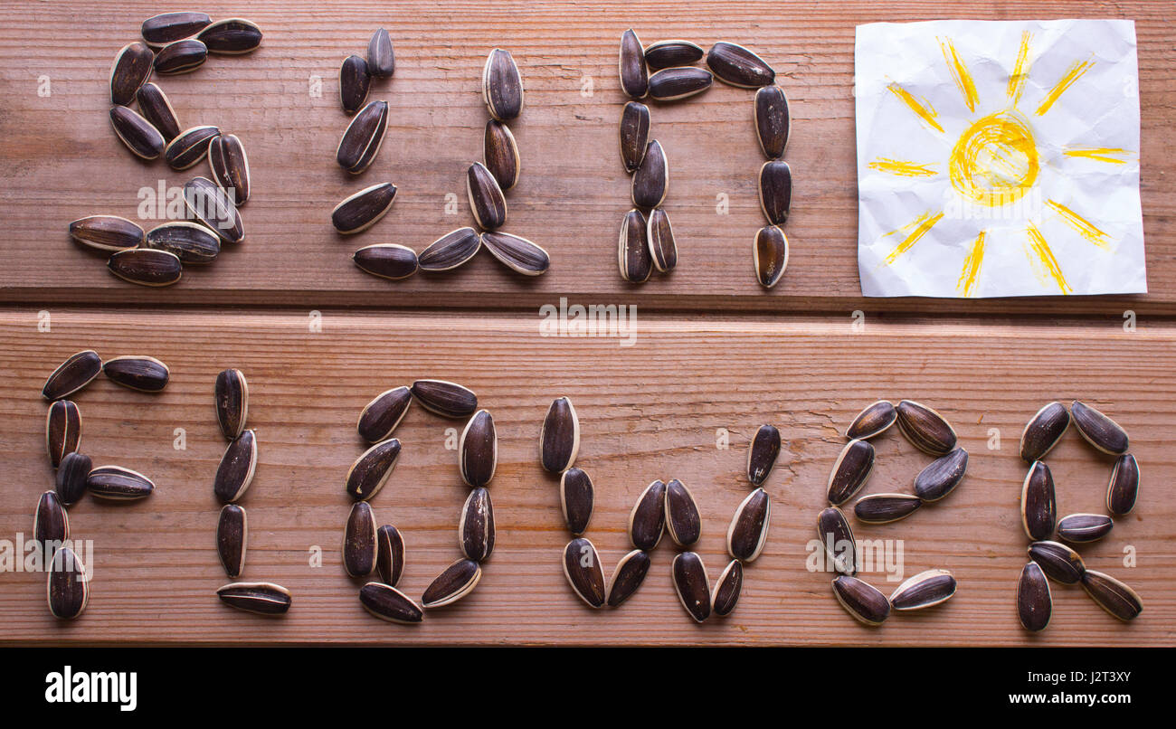 sunflower word from sunflower seeds on table. concept Stock Photo - Alamy