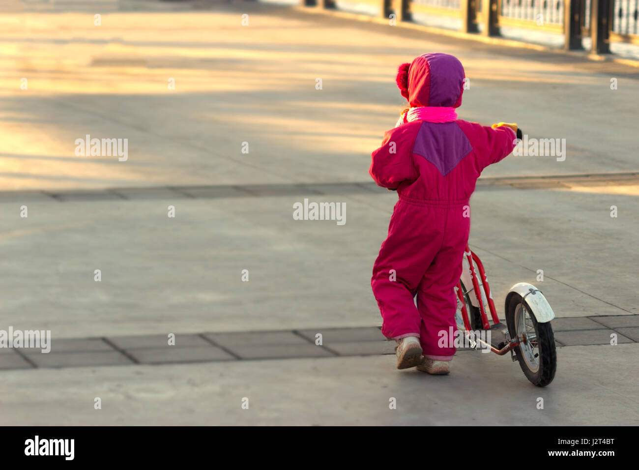 Happy child riding a bike. Little girl on a pink bicycle Stock Photo ...