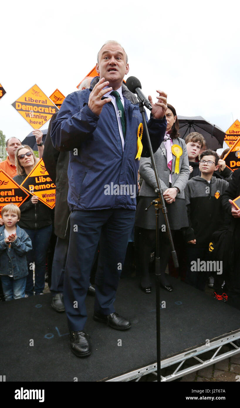 Sir Ed Davey speaks during a general election campaign visit to Harts ...