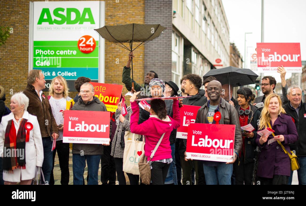 Labour party supporters wait for the arrival of leader Jeremy Corbyn ...