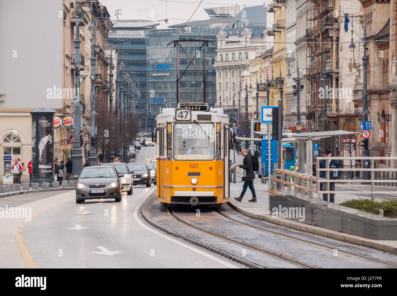 BUDAPEST, HUNGARY - FEBRUARY 21, 2016: Yellow trams in Budapest ...