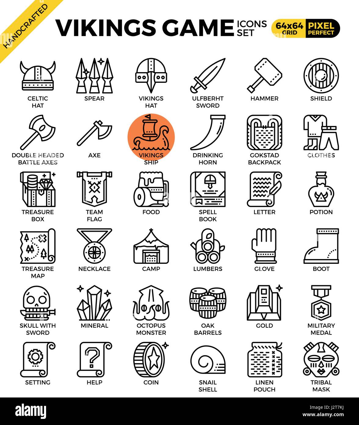 Fancy vikings game concept detailed line icons set in modern line icon ...