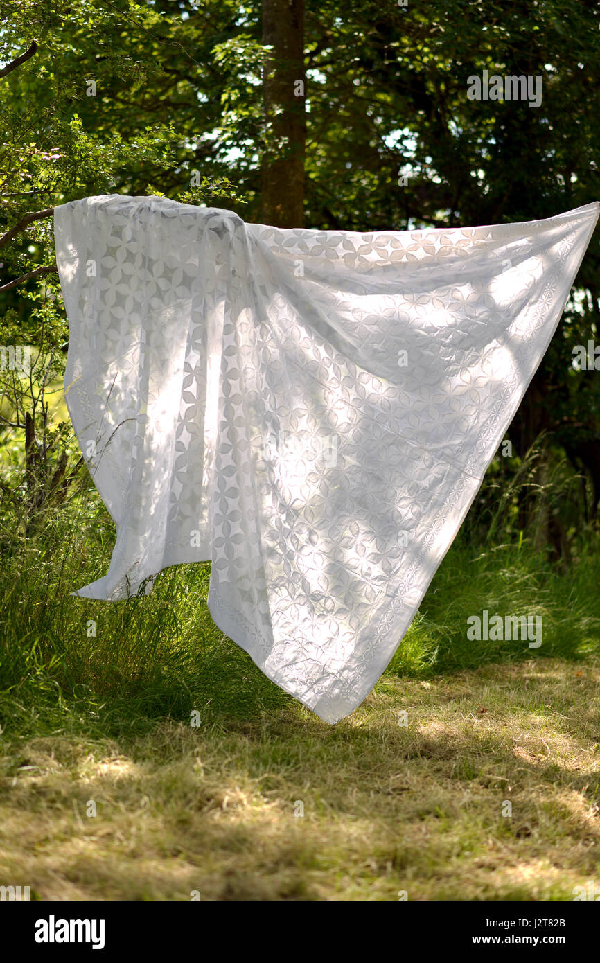White table cloth/throw outside in the wind Stock Photo - Alamy