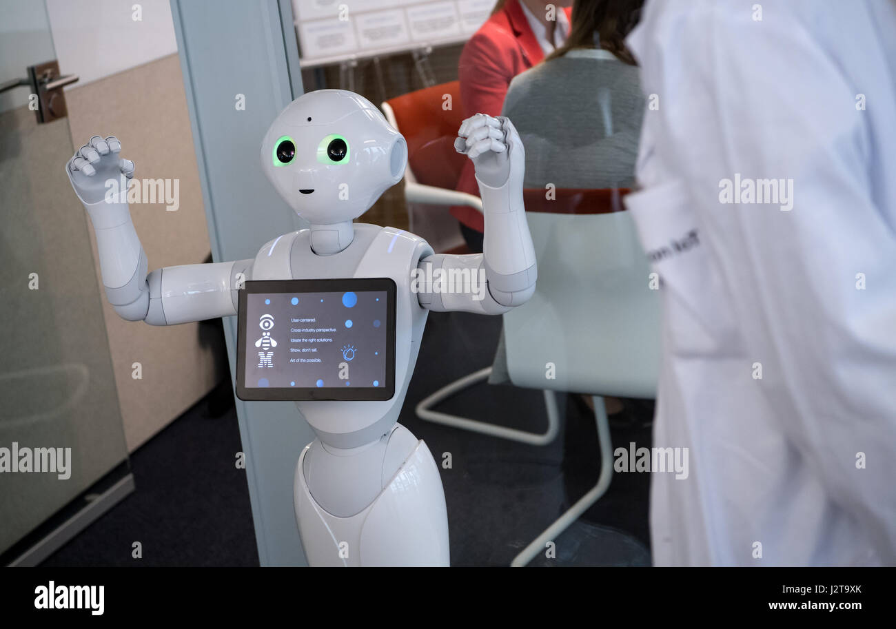 Munich, Germany. 26th Apr, 2017. The robot 'Pepper' can be seen at a ...