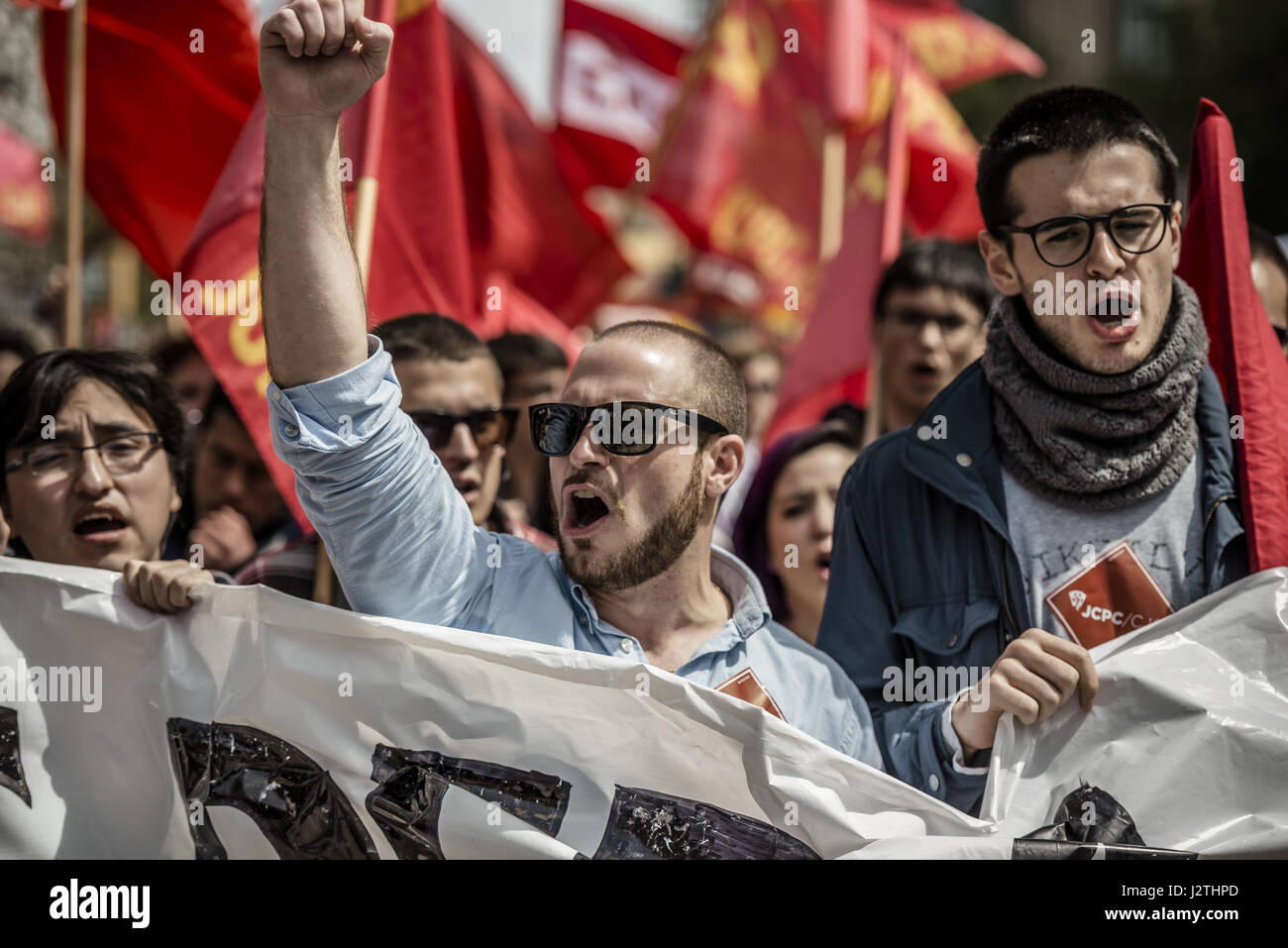 Barcelona, Catalonia, Spain. 1st May, 2017. A communist demonstrator ...