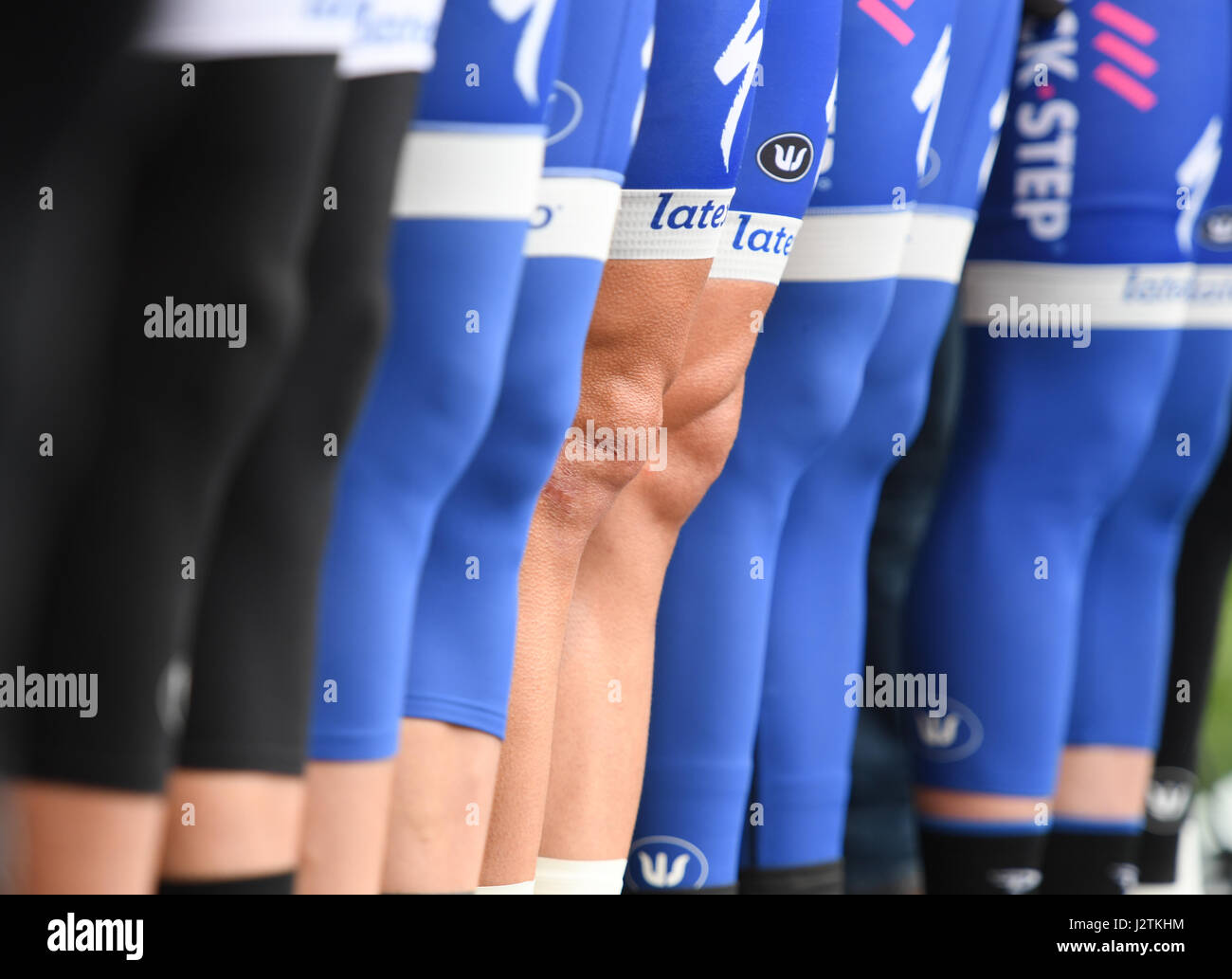 The cyclists of the Quick-Step Floors team stand before the start of ...